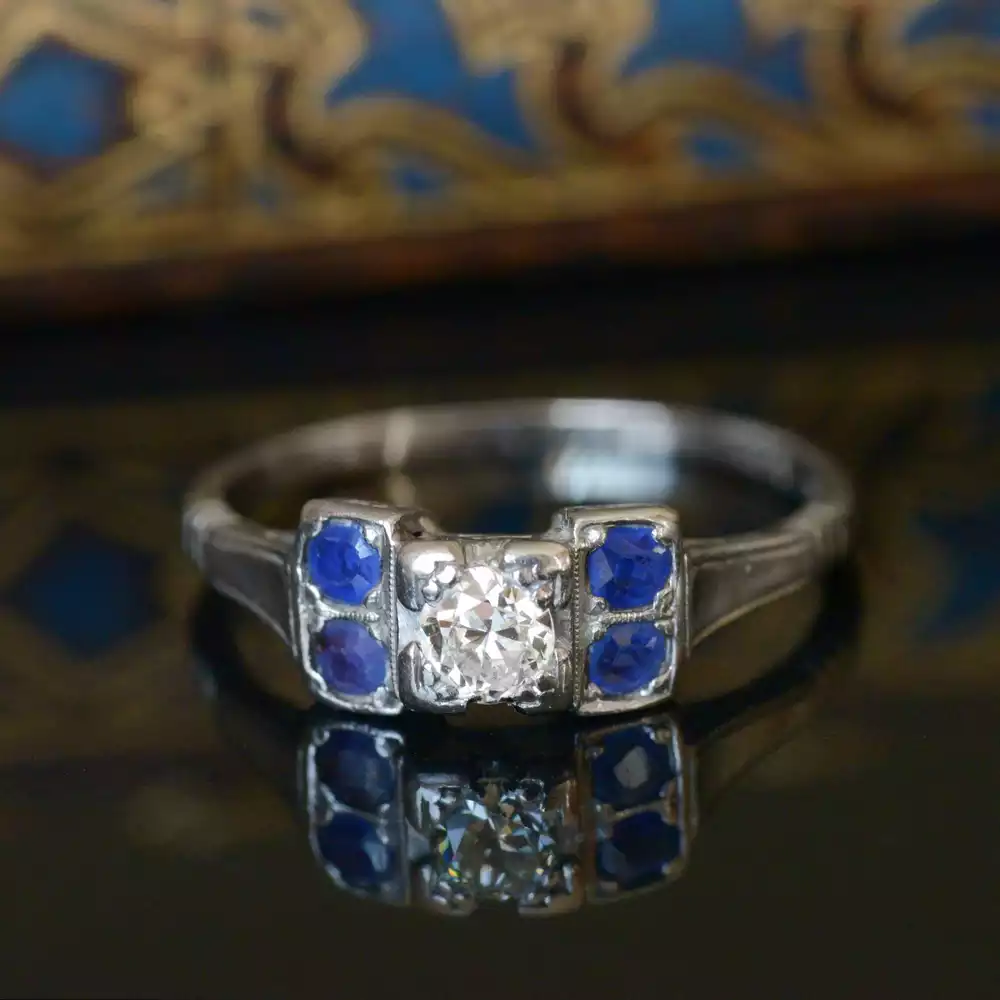 Art Deco Diamond & Blue Garnet Doublet Ring in 18ct White Gold ...