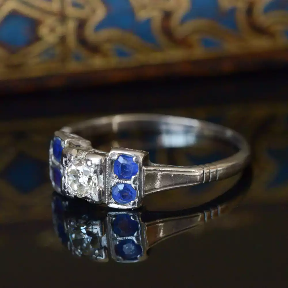 Art Deco Diamond & Blue Garnet Doublet Ring in 18ct White Gold ...
