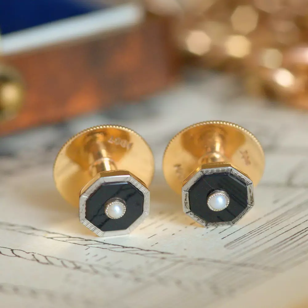Art Deco 9ct Gold, Onyx & Pearl Collar Studs - Antique And Vintage ...