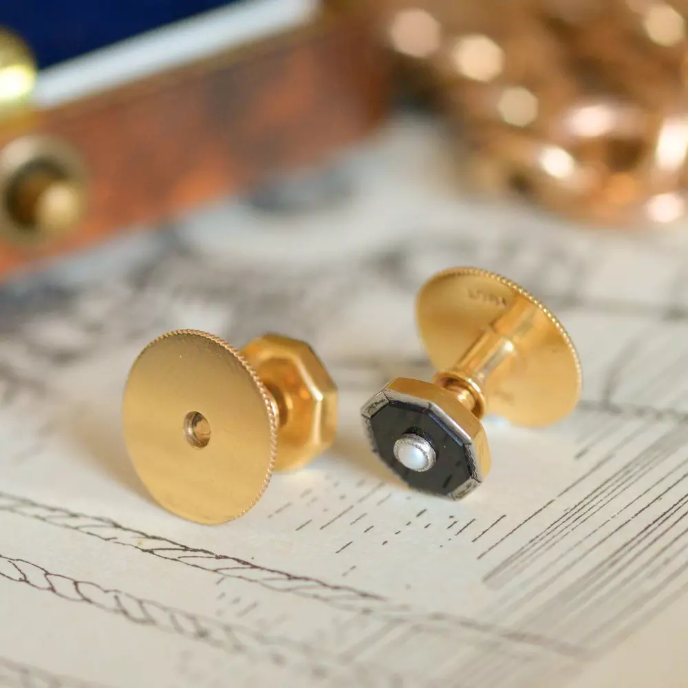 Art Deco 9ct Gold, Onyx & Pearl Collar Studs - Antique And Vintage ...